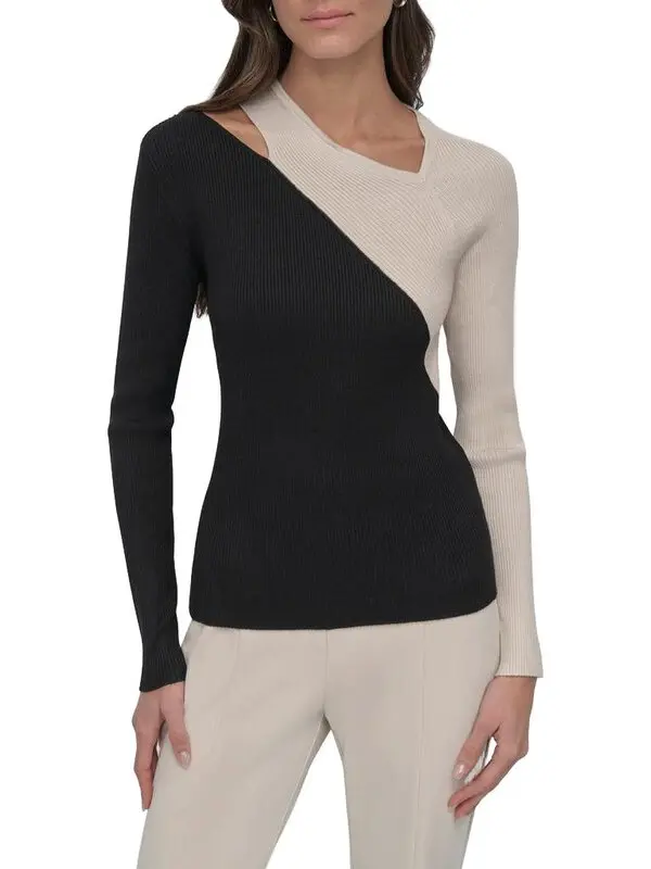 Dkny Colorblock Cutout Sweater - Black/ Latte City