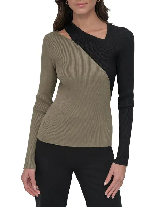 Dkny Colorblock Cutout Sweater - Utility Green/ Black