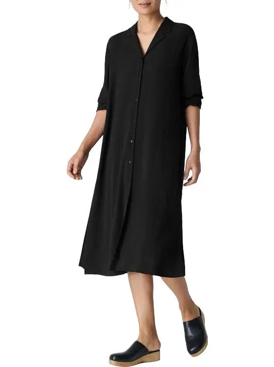 Eileen Fisher Notch Collar Long Sleeve Silk Shirtdress - Black