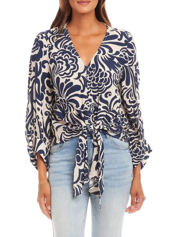 Karen Kane Paisley Tie-front Top - Blue Print