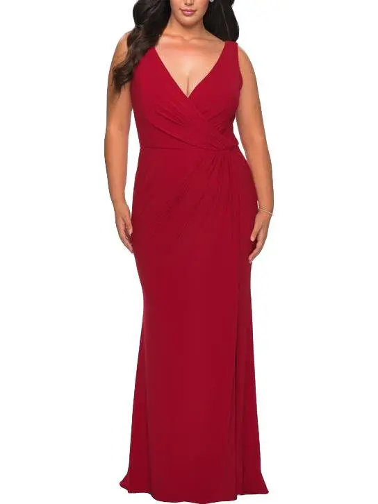La Femme Jersey Gown With Slit - Deep Red