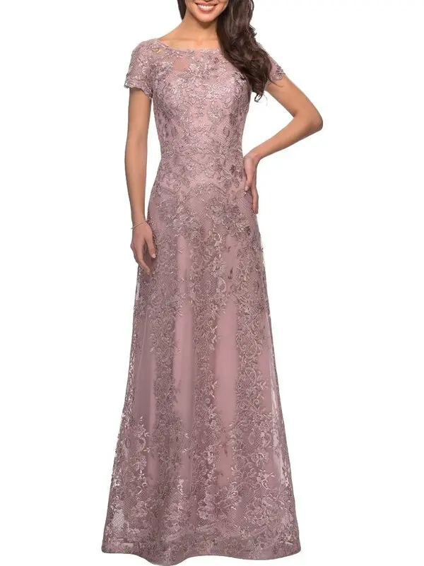 LABOMME Long Lace Gown With Sheer Neckline - Mauve
