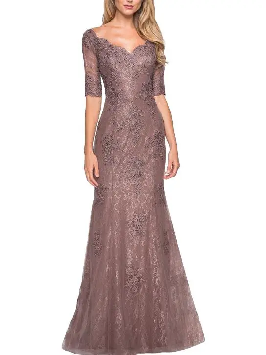 La Femme Floor Length Lace Gown With Rhinestone Detail - Cocoa