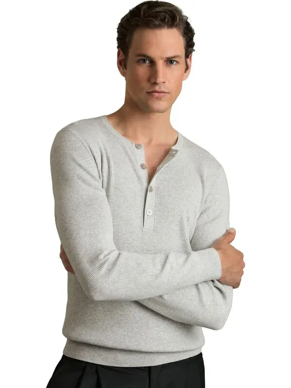 REISS Ashwell Rib Knit Henley Jumper - Grey