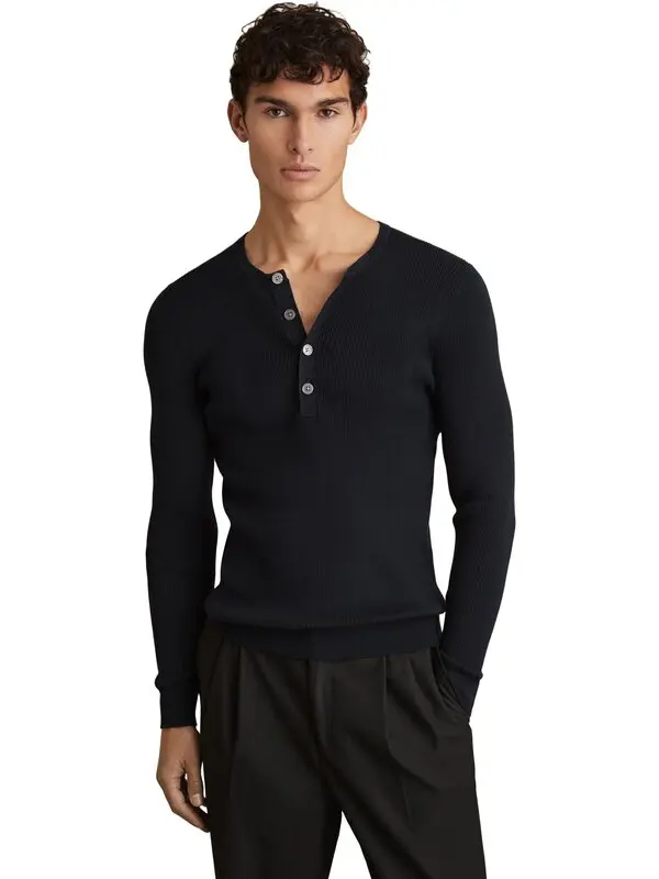REISS Ashwell Rib Knit Henley Jumper - Navy
