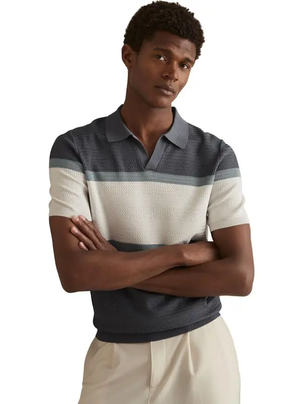 REISS Jefferson Textured Knit Stripe Polo Shirt - Airforce Blue