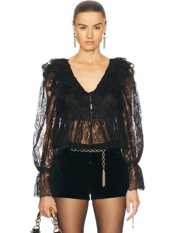 Chloé V Neck Ruffle Lace Blouse - Black