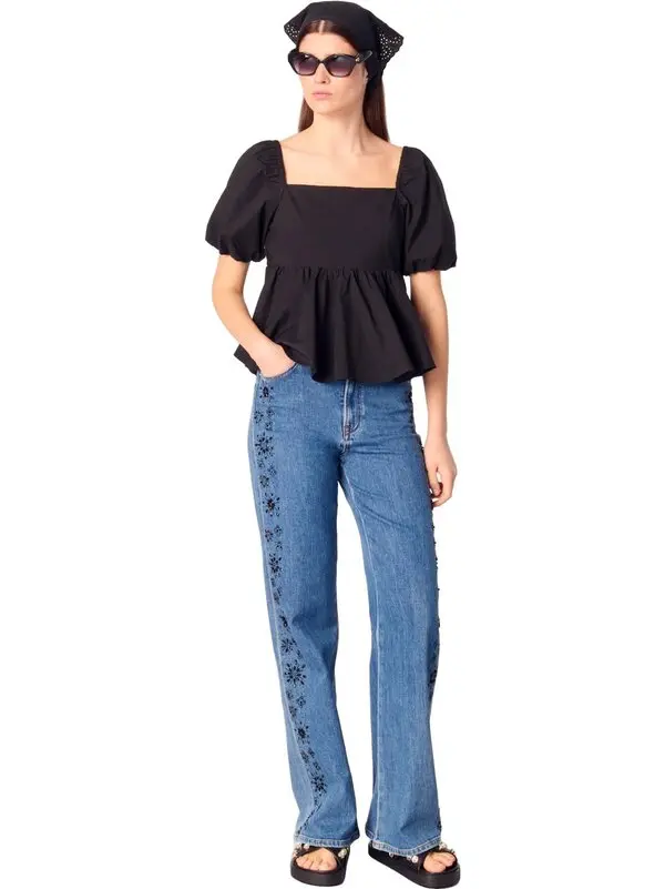 Maje Cotton Jeans With Rhinestone And Bead Embellishments - Blue