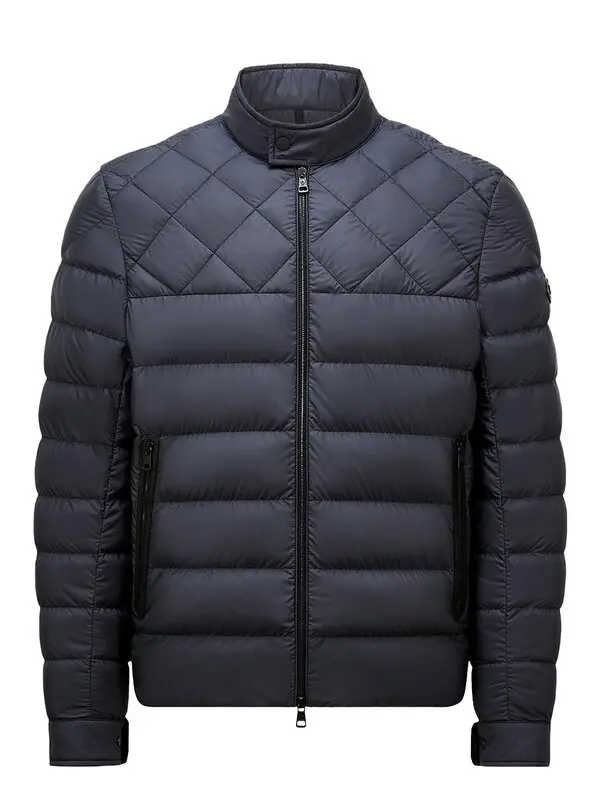 Moncler Tuile Leather-trimmed Down Biker Jacket - Blue