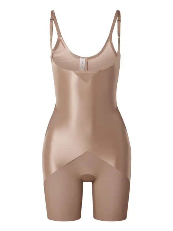 Spanx Spanxshape Satin-x Open-bust Mid-thigh Bodysuit - Brown
