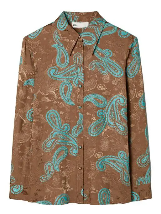 Tory Burch Satin Paisley Shirt - Aqua Stone/smoked Peppercorn