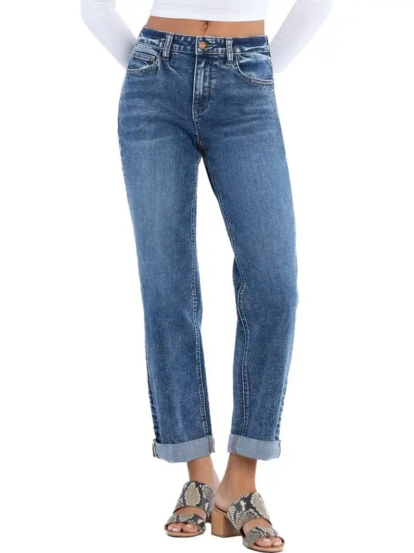 HINT OF BLU Cuffed Mid Rise Boyfriend Jeans - Western Blue