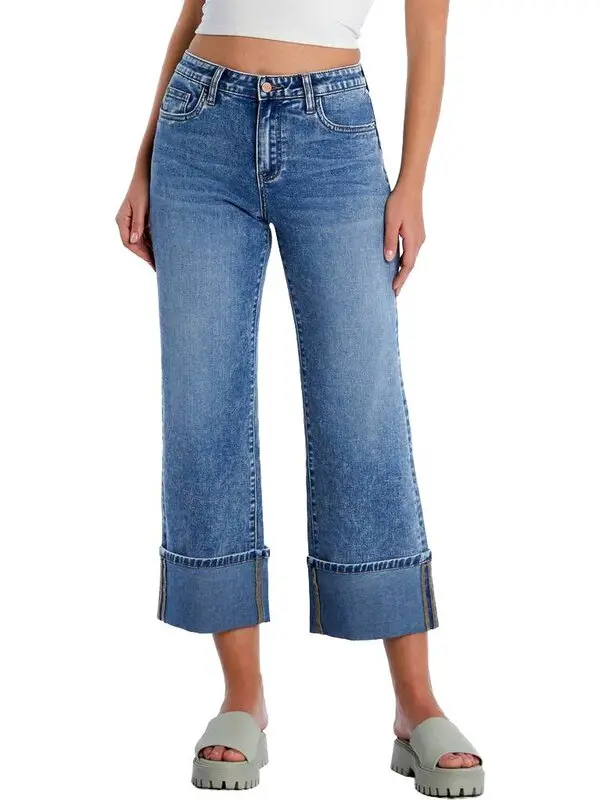 HINT OF BLU Clever Cuffed High Waist Wide Leg Jeans - River Blue