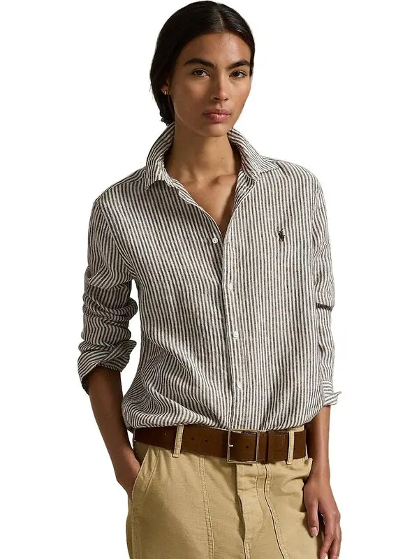 Ralph Lauren Classic Fit Striped Linen Shirt - Dark Brown/white