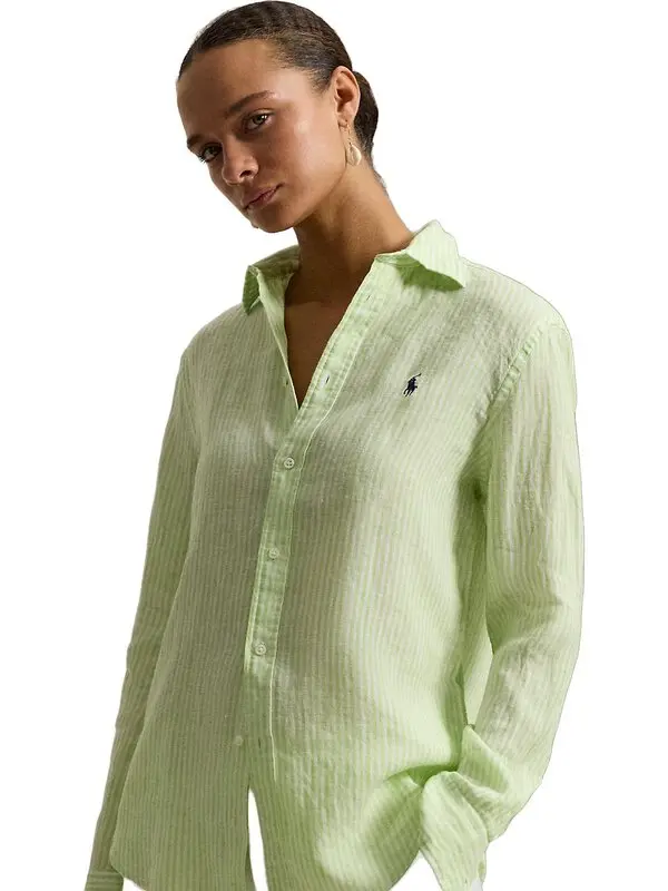 Ralph Lauren Classic Fit Striped Linen Shirt - Electric Lime/white