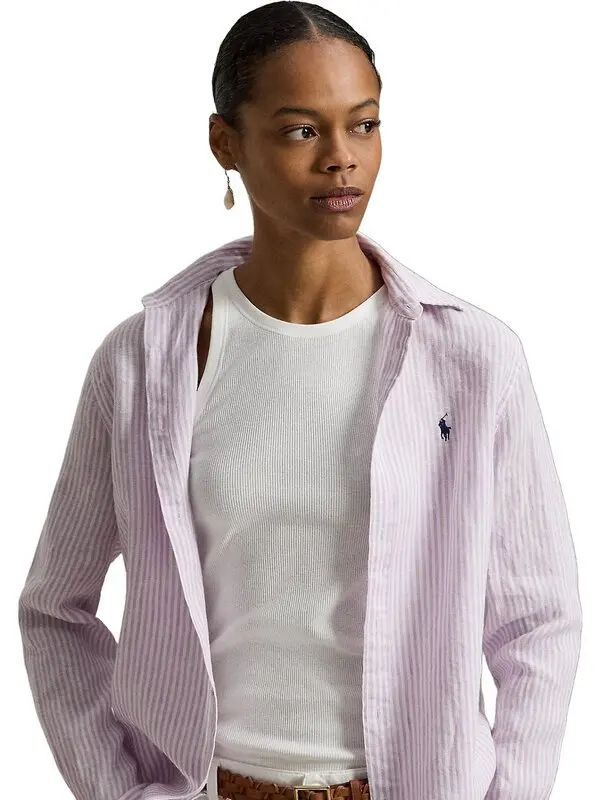 Ralph Lauren Classic Fit Striped Linen Shirt - Light Mauve/white