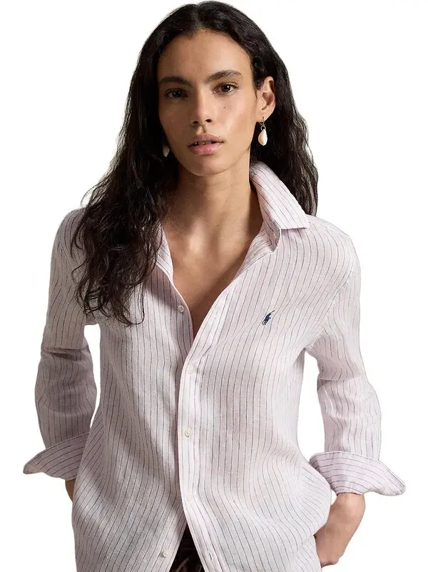 Ralph Lauren Classic Fit Striped Linen Shirt - Pink/white