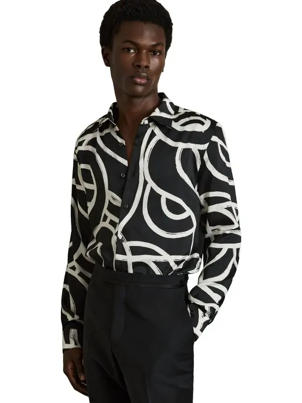 REISS Picarli Abstract Painted Print Shirt - Black/white