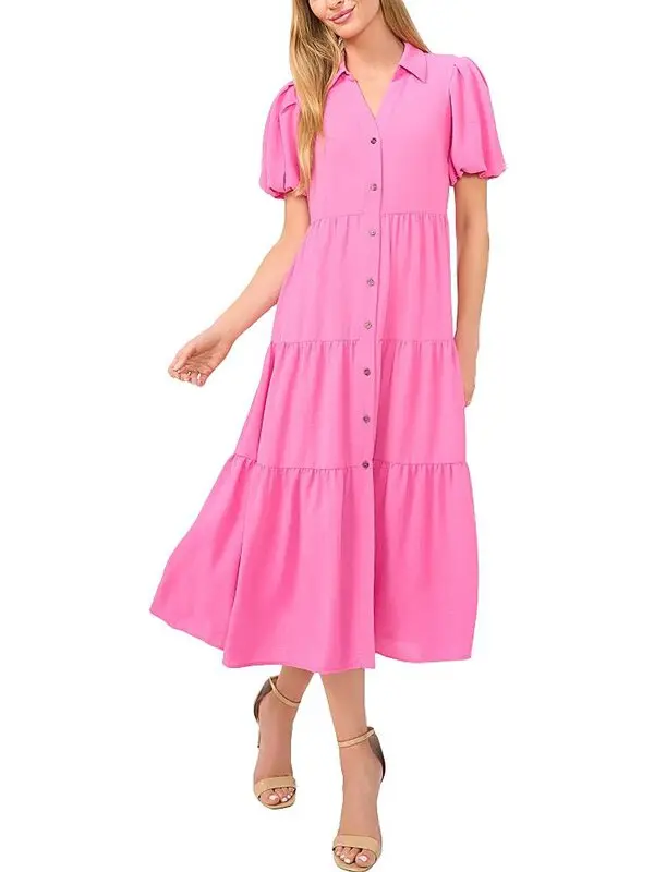 CECE DUPRAZ Short Sleeve Tiered Maxi Shirt Dress - Freeisa Pink