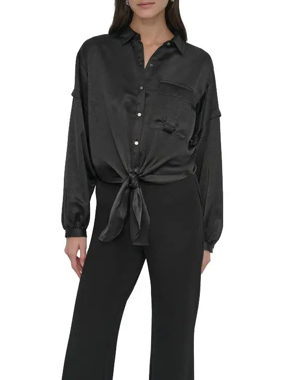 Dkny Tie-front Satin Shirt - Black
