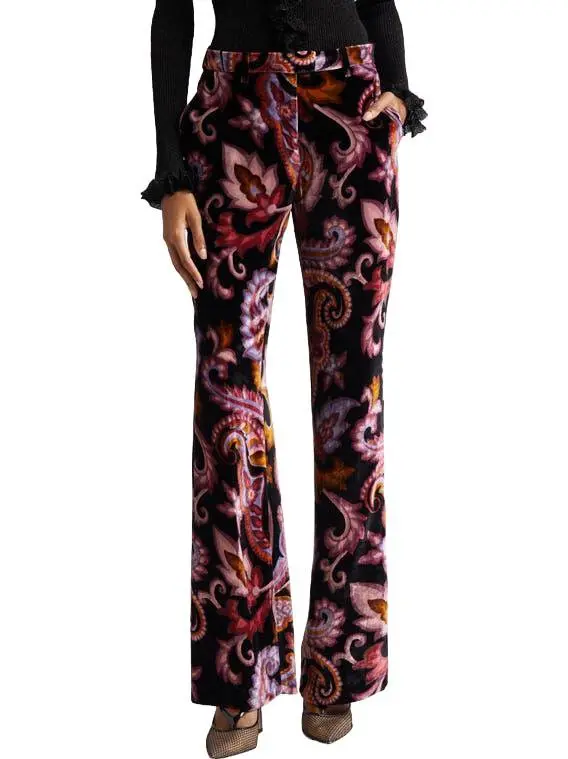 Etro Paisley Print Velvet Straight Leg Pants - Printed Black Base
