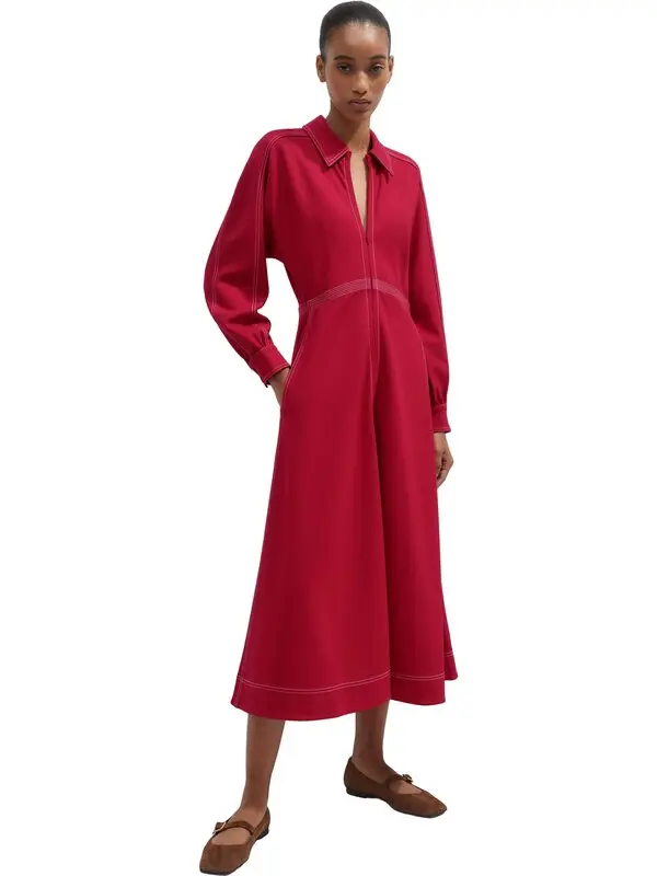 ME+EM Travel Tailoring Contrast Stitch Midi Dress - Raspberry/cream