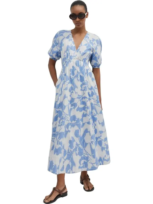 ME+EM Cheesecloth Tulip Print Midi Dress - Chambray Blue/soft White