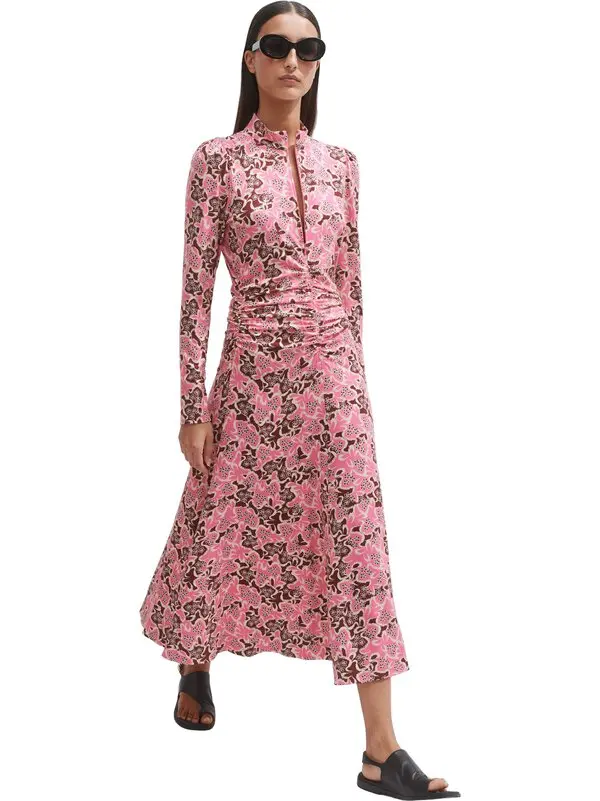 ME+EM Graphic Ribbon Floral Print Midi Dress - Pink/red