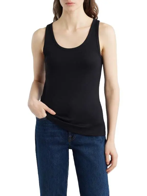 Eileen Fisher Slim Fit Scoop Neck Stretch Cotton Tank - Black
