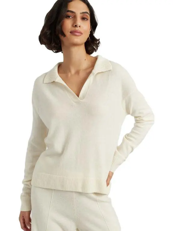 Chinti & Parker Wool Cashmere Blend V-neck Collared Sweater - Cream
