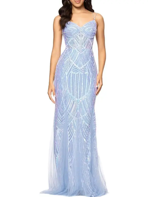 BLONDIE NITES Sequin Corset Mesh Godet Gown - Ice Blue