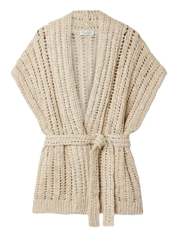Brunello Cucinelli Belted Sequined Open-knit Cardigan - Neutrals