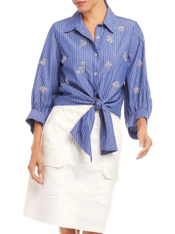 Karen Kane Embellished Tie-front Button-up Shirt - Stripe