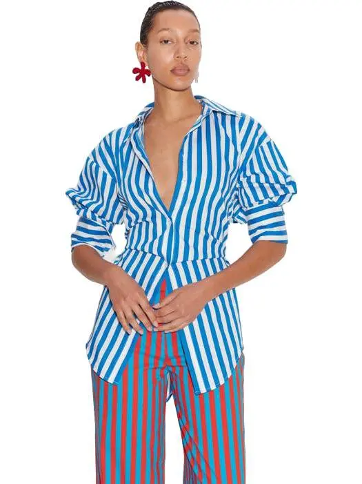 SIMONMILLER Loch Poplin Tie Back Button Up Shirt - Blue Stripe