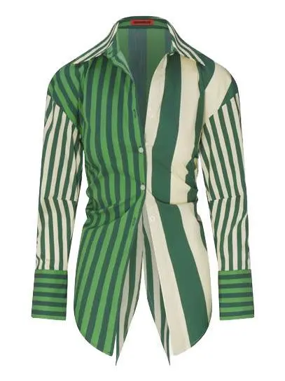 SIMONMILLER Loch Poplin Tie Back Button Up Shirt - Green Stripe Combo