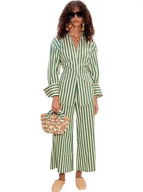 SIMONMILLER Loch Poplin Tie Back Button Up Shirt - Gummy Green/ecru Stripe