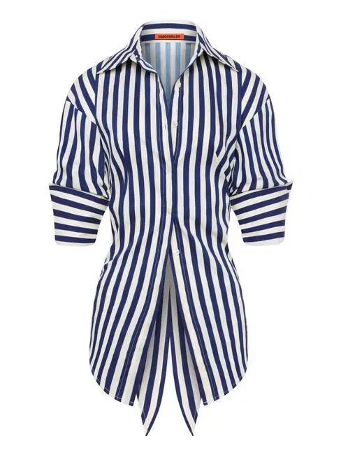 SIMONMILLER Loch Poplin Tie Back Button Up Shirt - Navy/cream Stripe