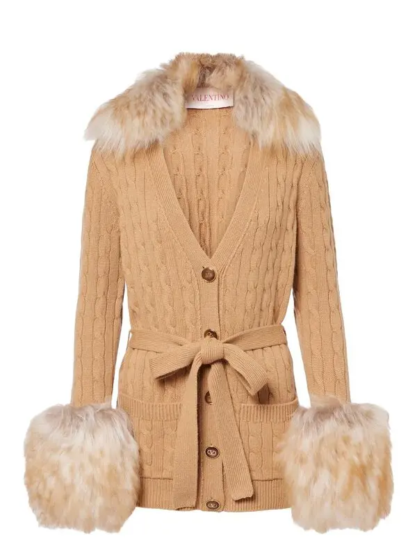 Valentino Garavani Shearling-trimmed Cashmere Cardigan - Brown
