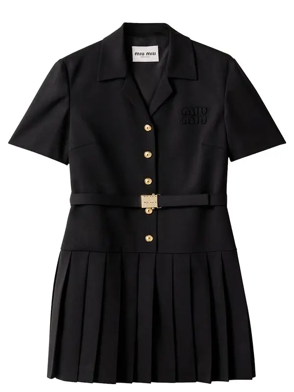 Miu Miu Short-sleeve Belted Mini Shirtdress - F0002 Nero