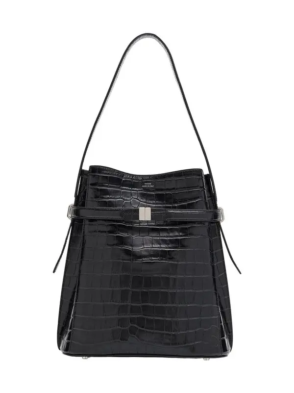 TOTEME Belted Croc-embossed Leather Bucket Bag - Black