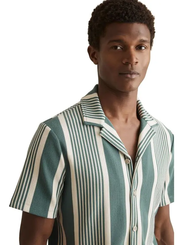 REISS Alcazar Stripe Ribbed Cuban Collar Shirt - Sage/white