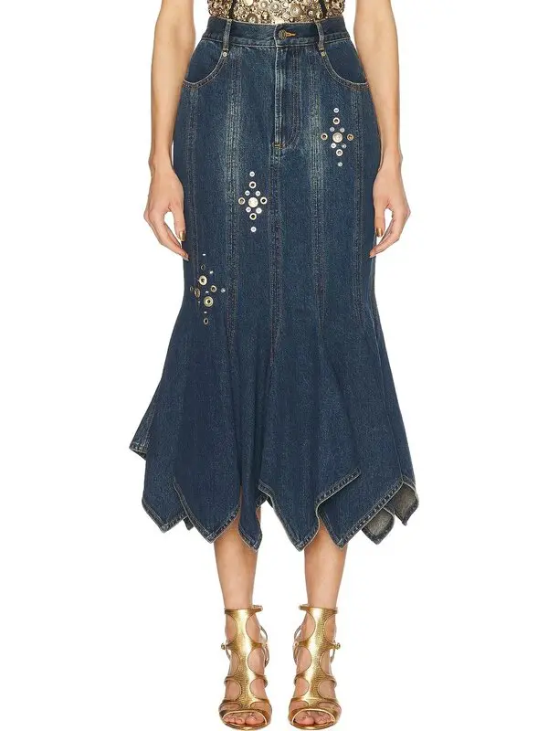 AREA Crystal Embellished Denim Skirt - Dark Blue