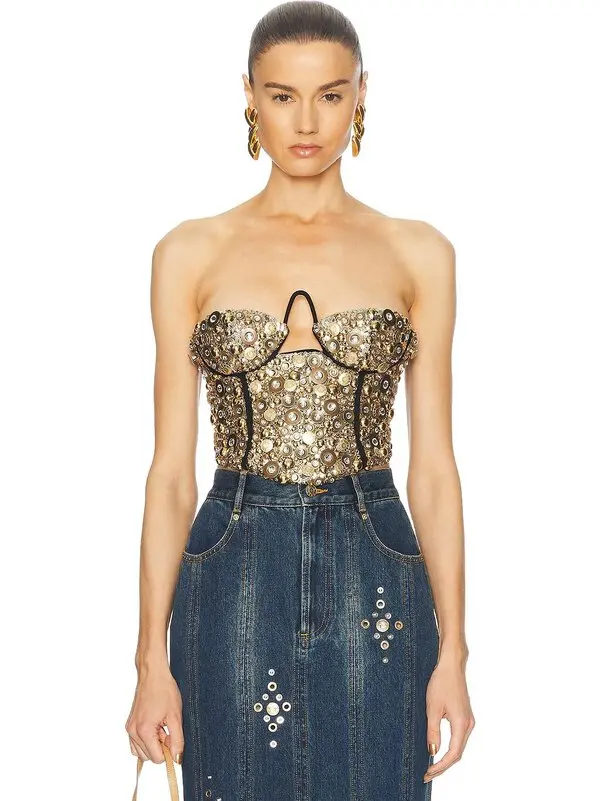 AREA Crystal Embellished Bustier Top - Black