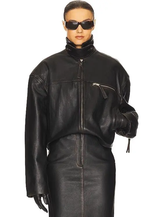 HELSA Leather Oversized Moto Jacket - Black Distressed
