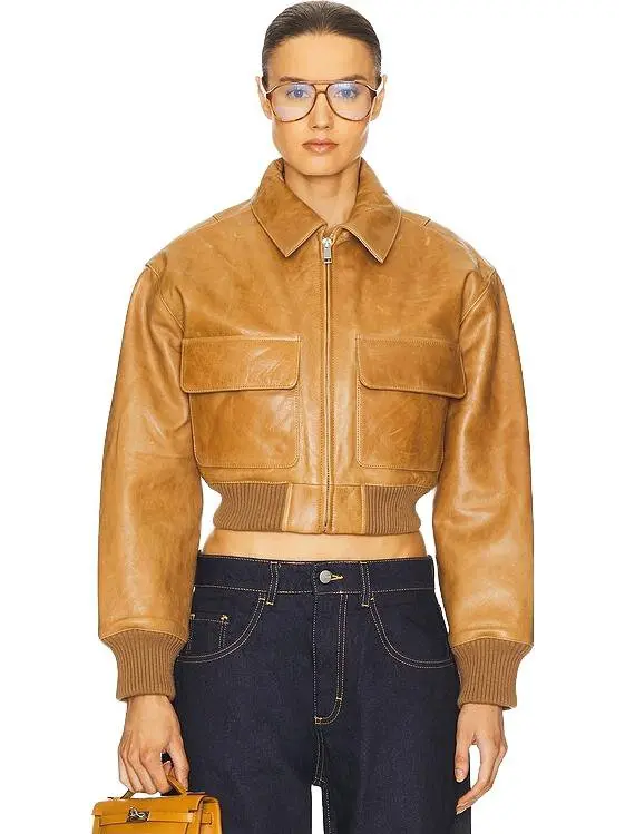 HELSA Leather Bomber Jacket - Saddle Brown