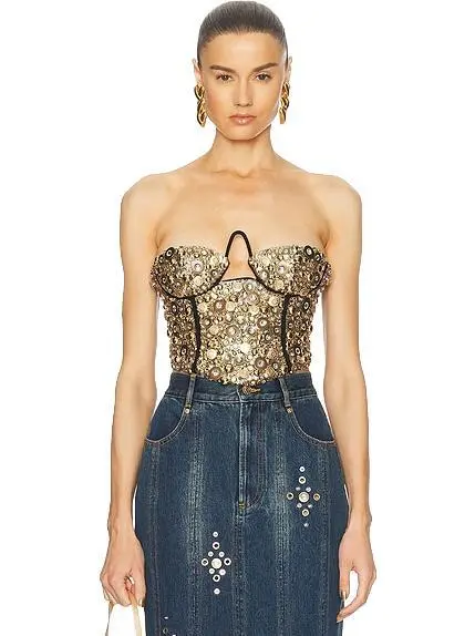 AREA Crystal Embellished Bustier Top - Black