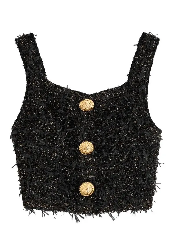 Balmain Frayed Cropped Bouclé Tweed Top - Black