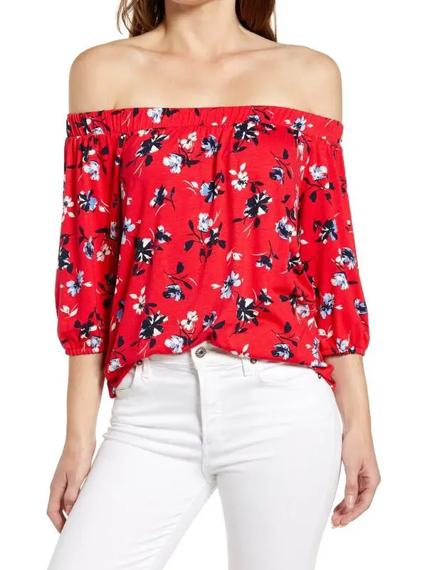 Loveappella Floral Off-the-shoulder Top - Red