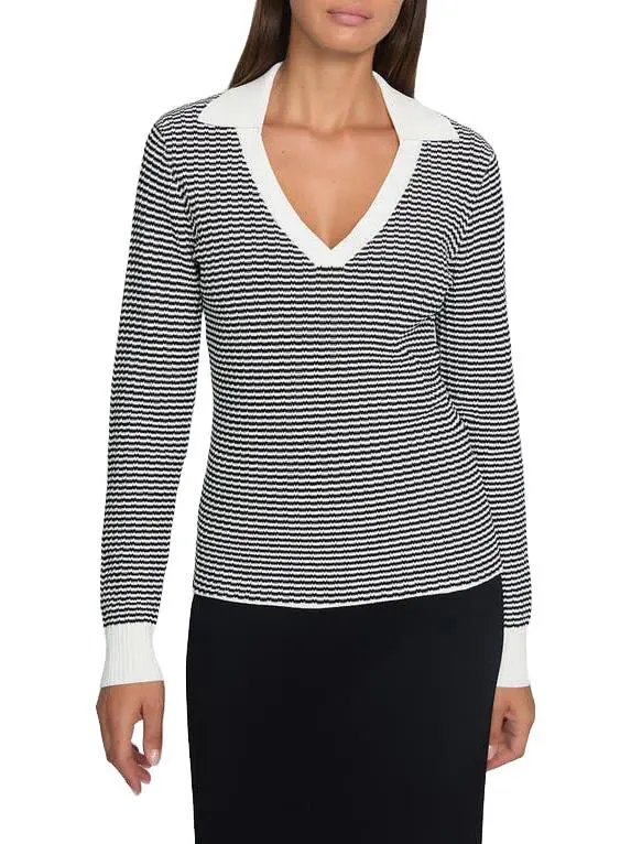 Elie Tahari Carlotta Split Neck Sweater - Noir With Sky White