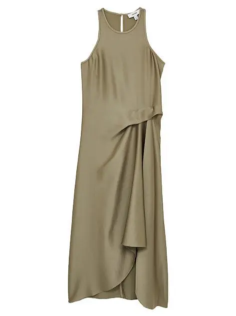 REISS Micah Drape-tuck Satin Midi Dress - Khaki